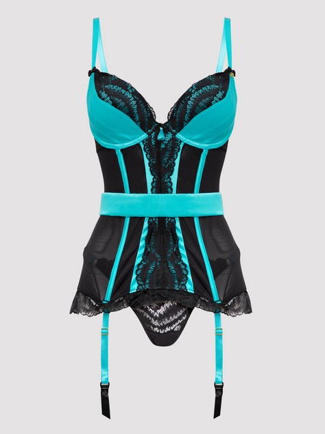 Lovehoney Plus Size Empress Blue Satin and Lace Basque Set - Lovehoney CA