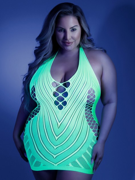 Fantasy Lingerie Plus Size Glow Neon Green Halterneck Mini Dress Lovehoney Au